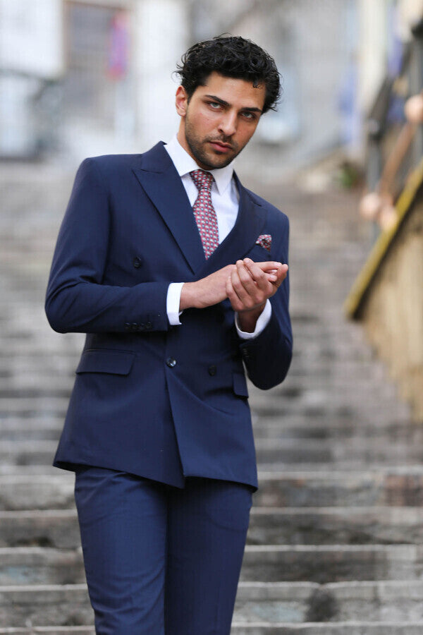 Double Breasted Slim Fit Navy Blue Men Suit - Wessi – Wessi Wholesale